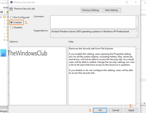 Add or remove Security tab from File Explorer in Windows 11/10
