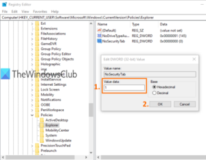 Add or remove Security tab from File Explorer in Windows 11/10