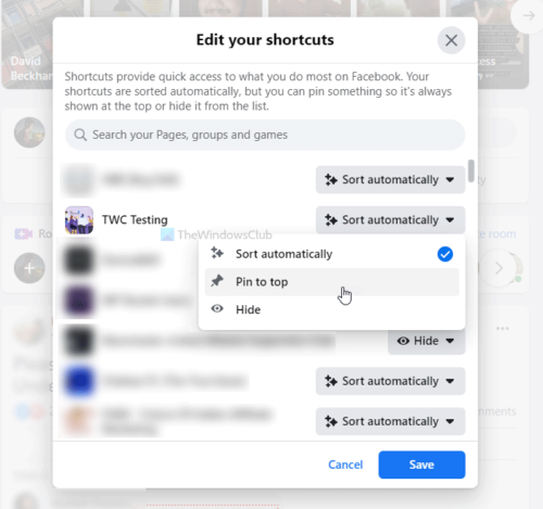 Show, hide, edit, change and manage Facebook Shortcuts