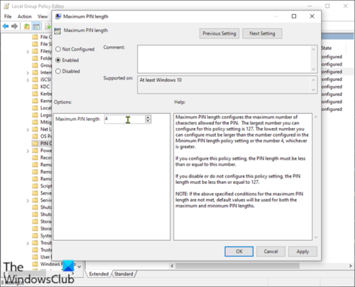 How to specify Minimum and Maximum PIN length in Windows 11