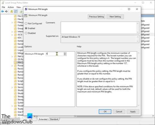 How to specify Minimum and Maximum PIN length in Windows 11