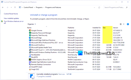 Windows not showing Program size in Control Panel or Settings