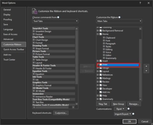 Draw Tool Tab in Ribbon of Microsoft Office missing? Add it thus!