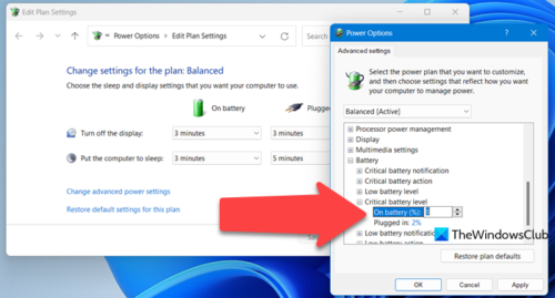 Change Critical Level & Low Level Battery Action in Windows 11
