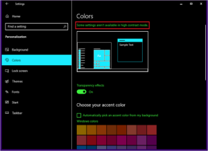 Some settings aren't available in High Contrast mode error Windows 11