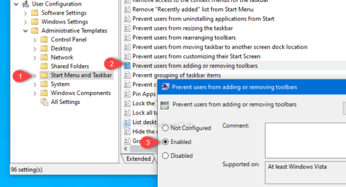 Prevent users from adding, removing Toolbars on Windows Taskbar