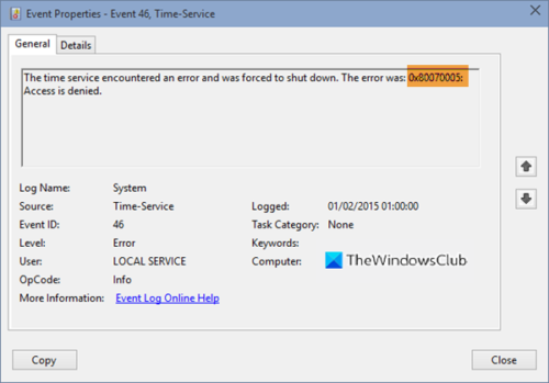The Time service encountered and was forced to shut down