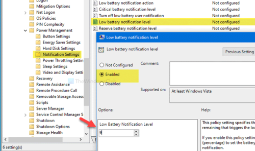 Manage Battery notifications with Registry or Group Policy Editor