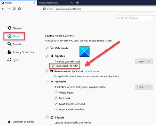 How to disable Sponsored Top Sites in Firefox on Windows10
