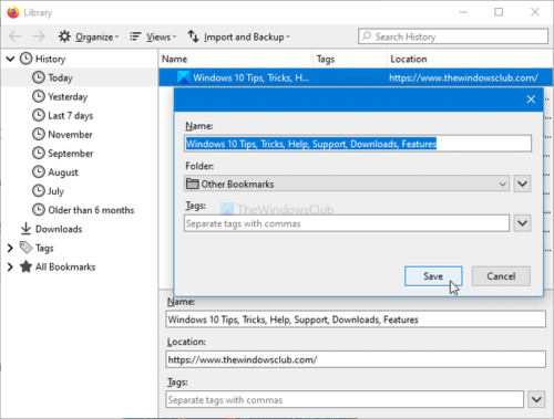 How to bookmark pages from Firefox browsing history