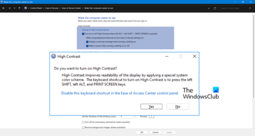 Disable High Contrast Warning Message, Sound in Windows 11