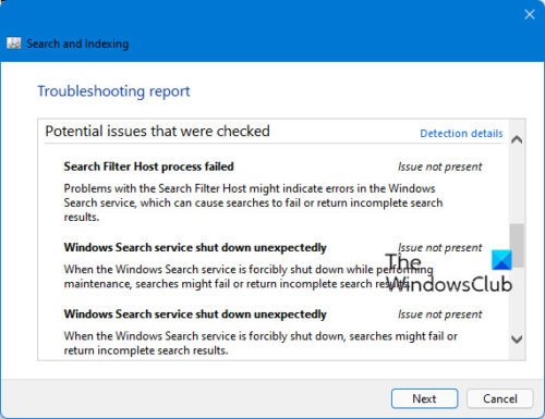 Search and Indexing Troubleshooter Fix broken Search in Windows 11