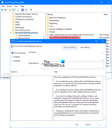 How to disable Windows Defender in Windows 11/10