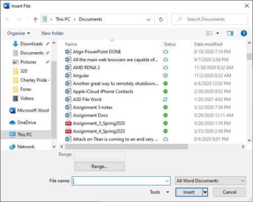How to insert a Word document into another Word document