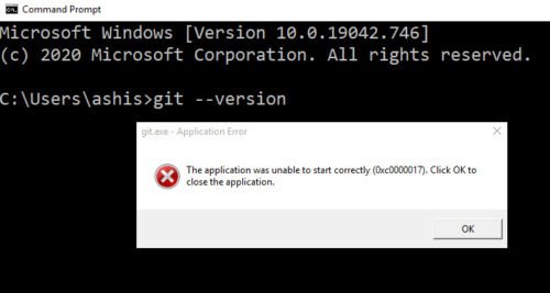 Error 0xc0000017, The application was unable to start correctly