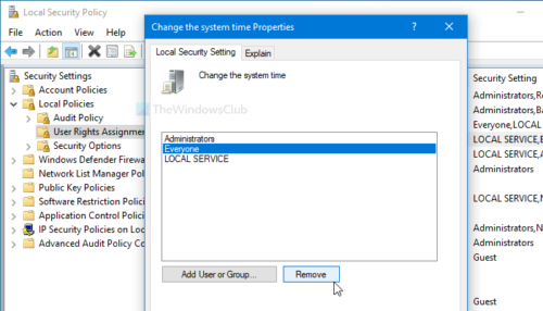 Allow, Block Standard Users from changing System Time and Zone