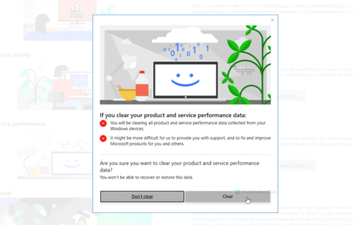 Delete Product, Service Performance data from Microsoft account