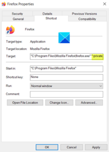 Create a shortcut to open Firefox in Private Browsing Mode