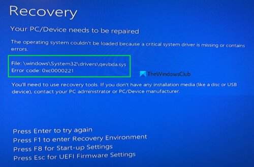 Operating system couldn't be loaded; Critical system driver missing