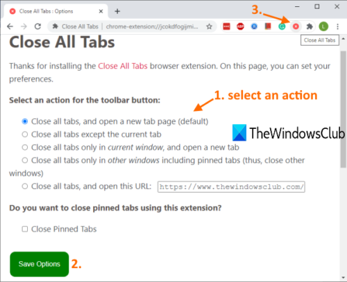 Close all opened browser tabs at once in Chrome, Edge, or Firefox