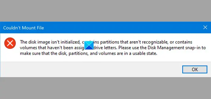 Couldn't Mount File, The disk image isn't initialized in Windows 11 Couldn't Mount File, The disk image isn't initialized in Windows 11