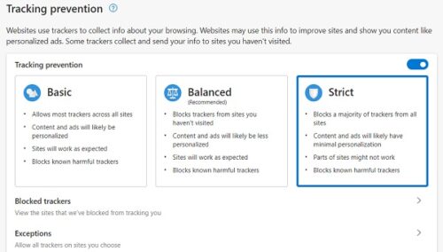 Always use Strict tracking prevention in Edge InPrivate