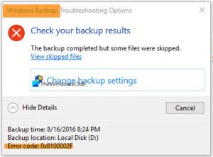 Windows Backup error code 0x8100002F in Windows 11