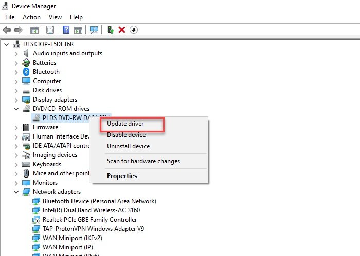 A disc burner wasn't found error on Windows PC
