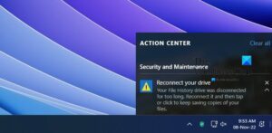 Your File History drive was disconnected for too long; Reconnect your drive