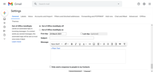 How to set an Out Of Office message in Gmail