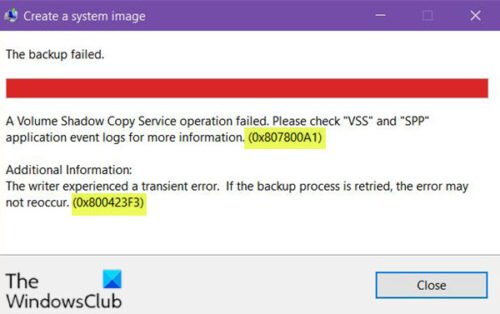 Fix System Image Backup error 0x807800A1, 0x800423F3 on Windows