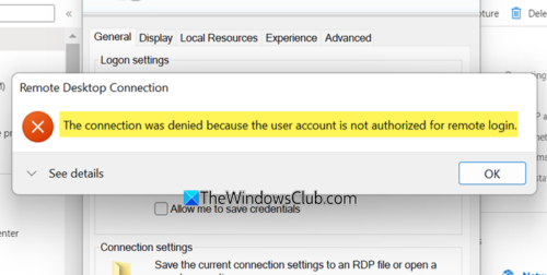 Connection was denied because the user account is not authorized