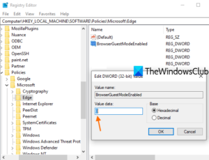 Disable Guest Mode in Microsoft Edge using Windows Registry