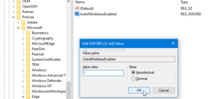 Enable or disable AutoFill for Addresses and Credit Cards in Edge