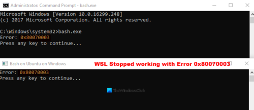 WSL stopped working with Error 0x80070003
