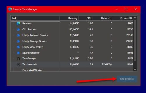 Disable End Process in Browser Task Manager of Edge