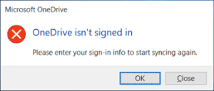 OneDrive needs your attention, Start syncing again by signing in