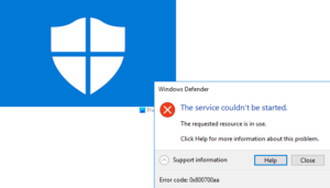 Windows Defender error 0x800700aa, Service couldn't be started