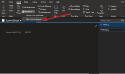 How to insert Excel spreadsheet in OneNote