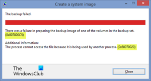 System Image Backup fails: Error codes 0x807800C5, 0x80070020
