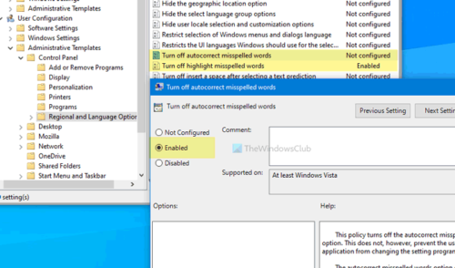 Disable Autocorrect and Highlight Misspelled words in Windows 11