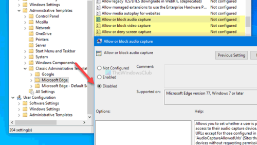 Enable or disable Audio, Video, and Screen Capture in Edge