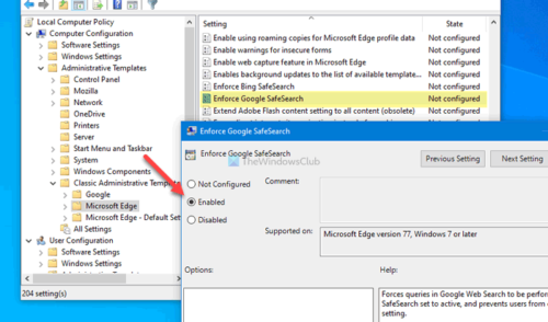 How to enforce Google SafeSearch in Microsoft Edge in Windows