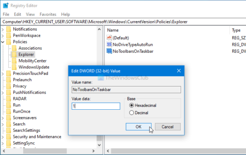 Hide Toolbars option in Taskbar Context Menu in Windows 10