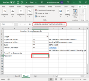 How to generate a Random Strong Password in Excel