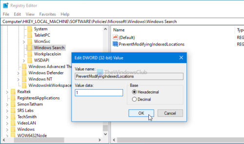 Prevent users from modifying Search Index Locations in Windows 11