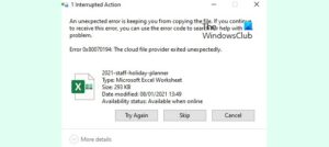 OneDrive Error 0x80070194, The cloud file provider exited unexpectedly