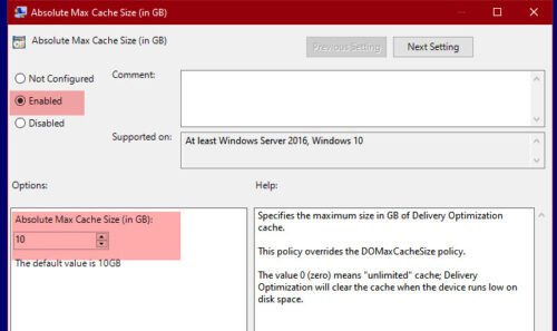 Change Delivery Optimization Max Cache Size for Windows Updates