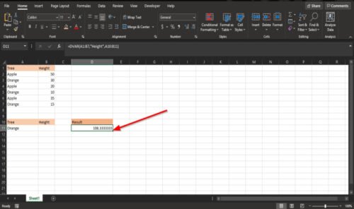 How to use the DVAR function in Excel