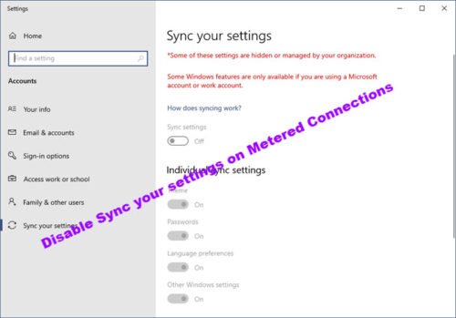 Disable Sync your settings on Metered Connections switch in Windows